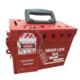 KRM-LOTO PORTABLE GROUP LOCKOUT BOX WITH METAL POCKET (12 HOLES) RED